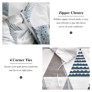 VClife Cotton Duvet Cover Queen Size, Queen Gray Blue White Triangle Bedding Sets Modern Style Geometric Duvet Cover, Zipper Closure & Corner Ties, Breathable, Lightweight