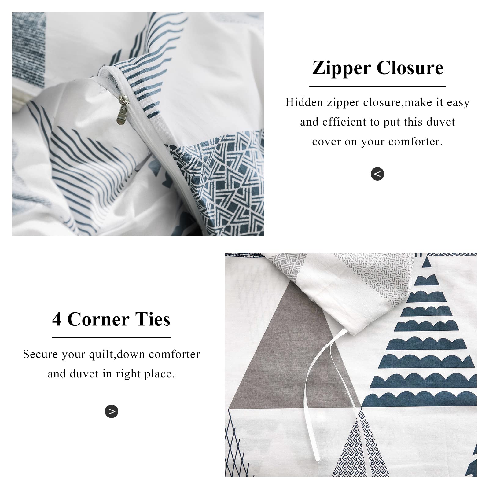 VClife Cotton Duvet Cover Queen Size, Queen Gray Blue White Triangle Bedding Sets Modern Style Geometric Duvet Cover, Zipper Closure & Corner Ties, Breathable, Lightweight