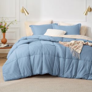 bedsure blue queen comforter set - mineral blue basket weave pattern down alternative comforter set box stitching duvet insert, lightweight all season bedding set with 2 pillow shams