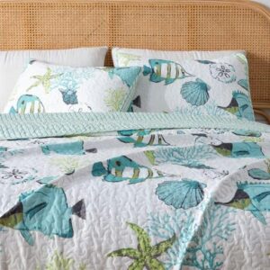 king coastal quilt bedding set, summer coastal quilt with shams, beach 3-piece reversible all season bedspread quilt set. lightweight nautical quilted coverlet. seaside collection, blue fish