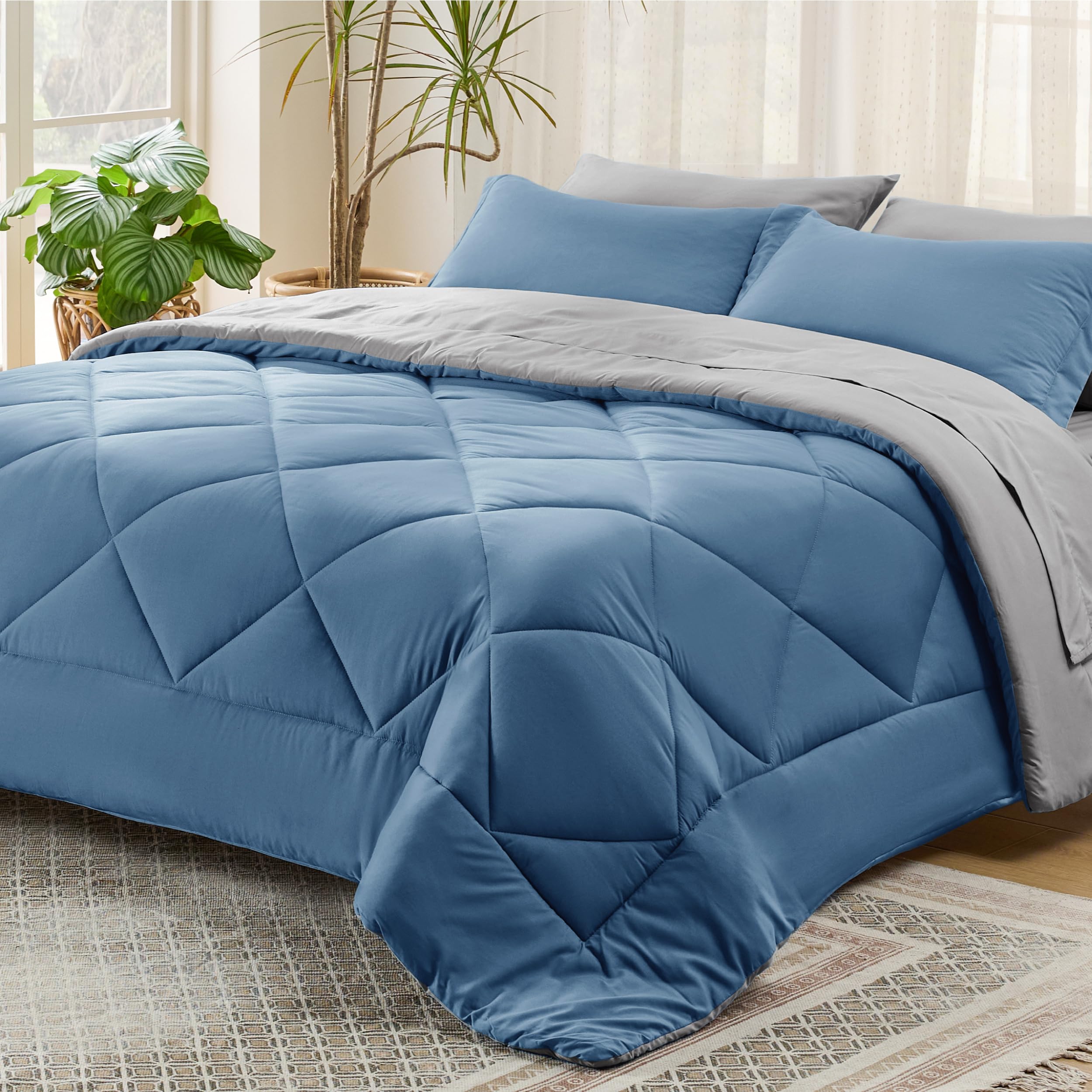 Bedsure Blue Full Comforter Set - 7 Pieces Reversible Bed Set Bed in a Bag Full with Comforters, Sheets, Pillowcases & Shams, Full Bedding Sets