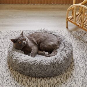 uozzi bedding plush faux fur round pet cat dog bed, comfortable fuzzy donut cuddler cushion soft shaggy and warm for winter 22" (gray)