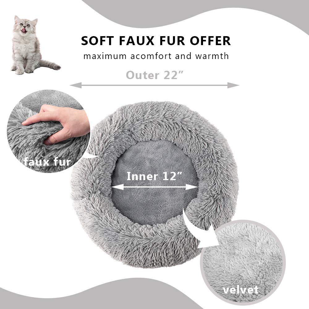 UOZZI BEDDING Plush Faux Fur Round Pet Cat Dog Bed, Comfortable Fuzzy Donut Cuddler Cushion Soft Shaggy and Warm for Winter 22" (Gray)