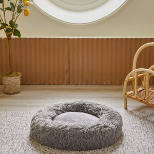 UOZZI BEDDING Plush Faux Fur Round Pet Cat Dog Bed, Comfortable Fuzzy Donut Cuddler Cushion Soft Shaggy and Warm for Winter 22" (Gray)