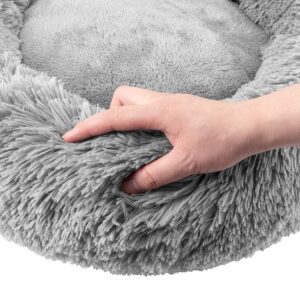 UOZZI BEDDING Plush Faux Fur Round Pet Cat Dog Bed, Comfortable Fuzzy Donut Cuddler Cushion Soft Shaggy and Warm for Winter 22" (Gray)