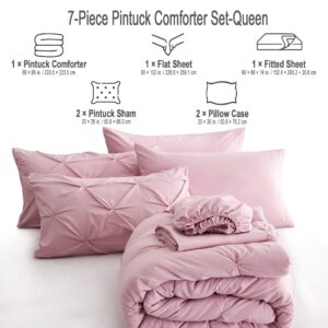 Ubauba 7pc Pink Queen Comforter Set, Pintuck Bed in a Bag Blush Bed Set with Comforters and Sheets 7 Piece, All Season Pinched Bedding Sets for Women (Pink,Queen Size)