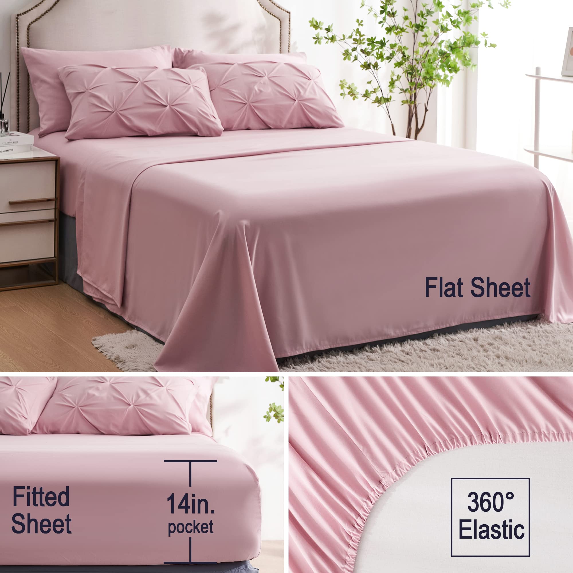 Ubauba 7pc Pink Queen Comforter Set, Pintuck Bed in a Bag Blush Bed Set with Comforters and Sheets 7 Piece, All Season Pinched Bedding Sets for Women (Pink,Queen Size)