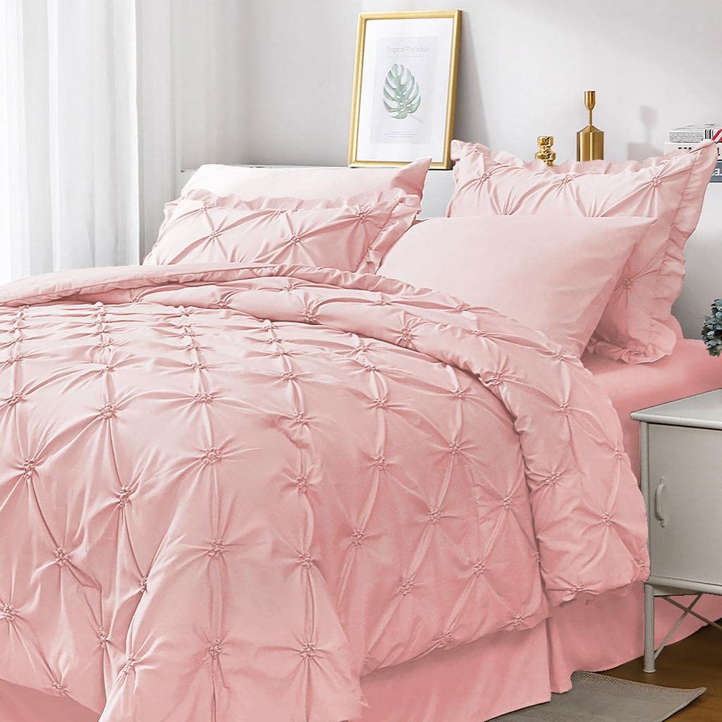 JOLLYVOGUE Queen Comforter Set 7 Pieces, Pink Bed in a Bag Comforter Set for Bedroom, Bedding Comforter Sets with Comforter, Sheets,Ruffled Shams & Pillowcases