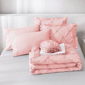 JOLLYVOGUE Queen Comforter Set 7 Pieces, Pink Bed in a Bag Comforter Set for Bedroom, Bedding Comforter Sets with Comforter, Sheets,Ruffled Shams & Pillowcases