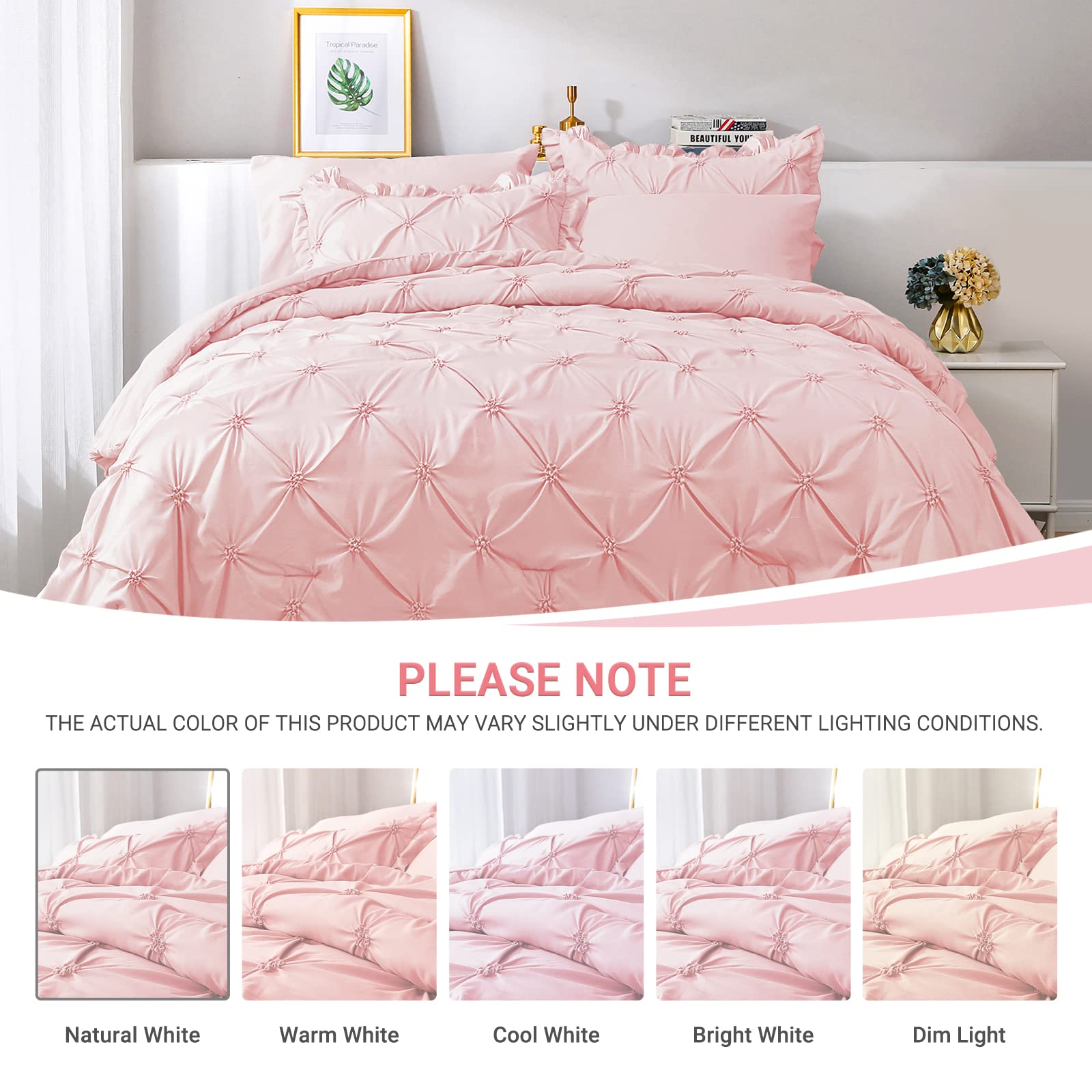 JOLLYVOGUE Queen Comforter Set 7 Pieces, Pink Bed in a Bag Comforter Set for Bedroom, Bedding Comforter Sets with Comforter, Sheets,Ruffled Shams & Pillowcases