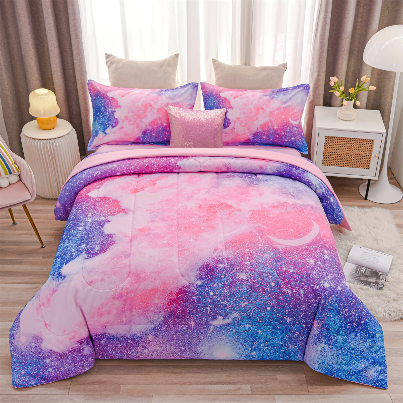 A Nice Night Galaxy Bedding Sets Outer Space Comforter 3D Printed Space Quilt Set Twin 6Pcs Glitter Pink,for Children Boy Girl Teen Kids