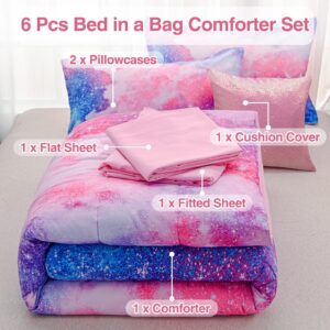 A Nice Night Galaxy Bedding Sets Outer Space Comforter 3D Printed Space Quilt Set Twin 6Pcs Glitter Pink,for Children Boy Girl Teen Kids