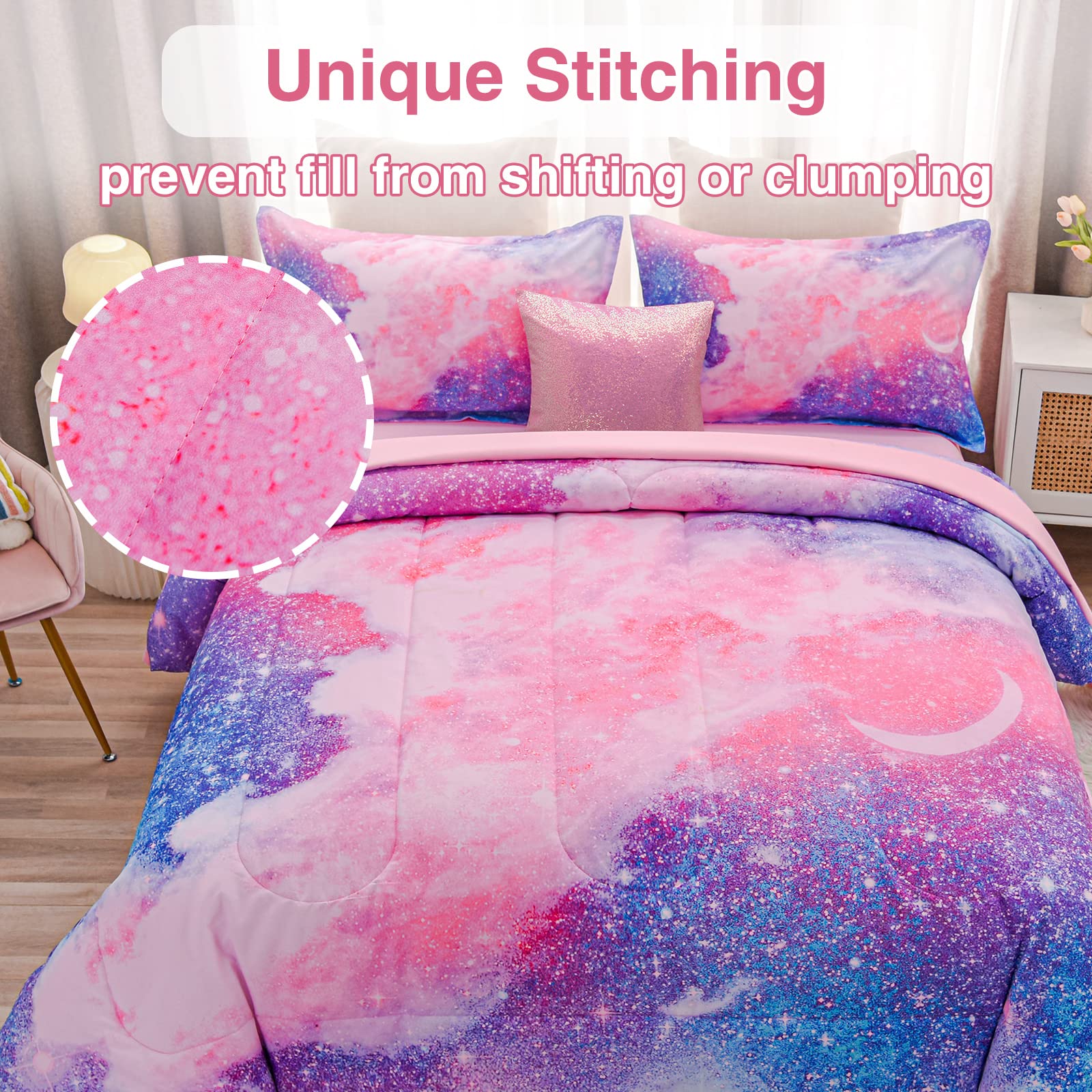 A Nice Night Galaxy Bedding Sets Outer Space Comforter 3D Printed Space Quilt Set Twin 6Pcs Glitter Pink,for Children Boy Girl Teen Kids