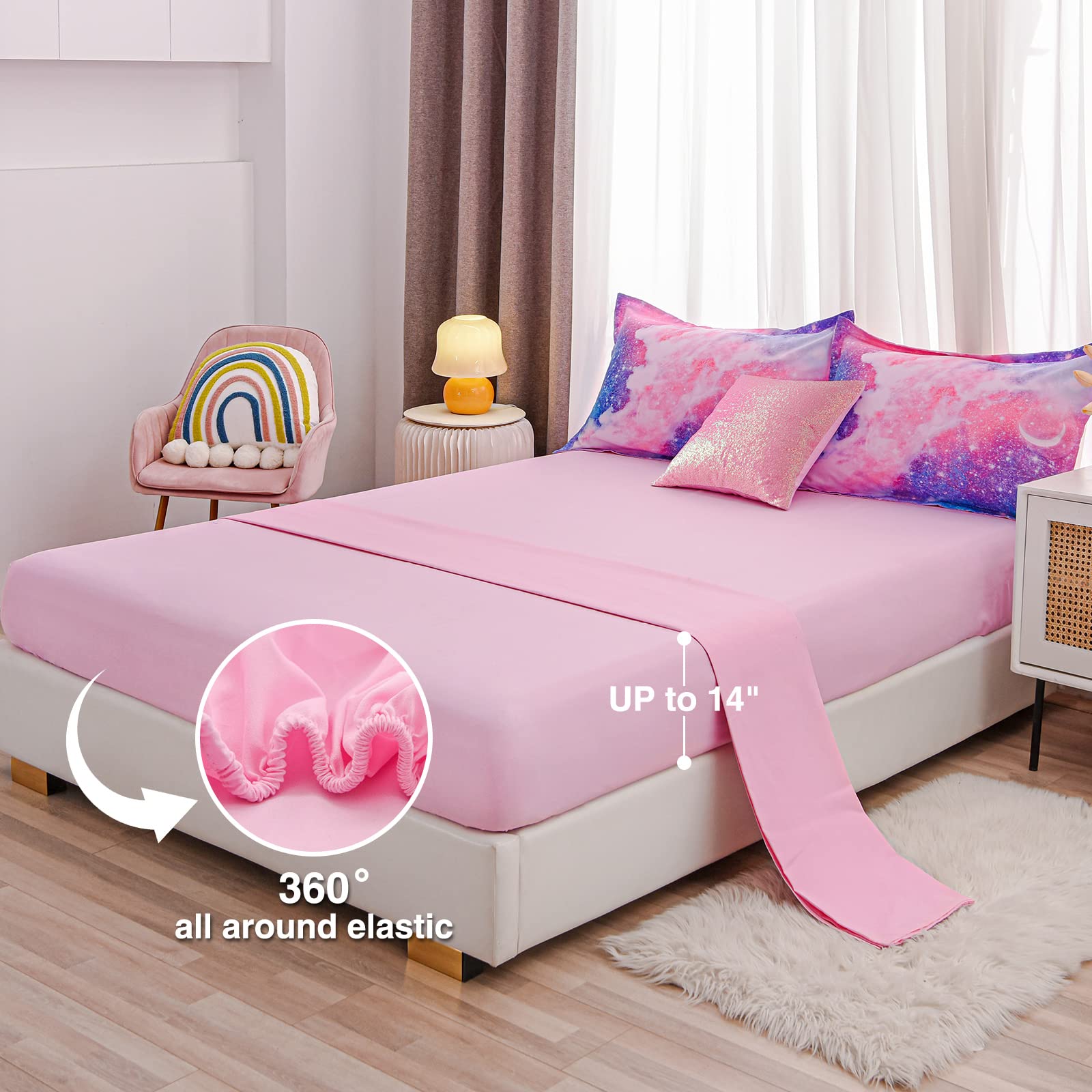 A Nice Night Galaxy Bedding Sets Outer Space Comforter 3D Printed Space Quilt Set Twin 6Pcs Glitter Pink,for Children Boy Girl Teen Kids