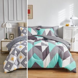 comforter sheet set 7 pieces geometry colorful white gray teal blue bedding set (1 comforter 2 pillow shams 1 flat sheet 1 fitted sheet 2 pillowcases)