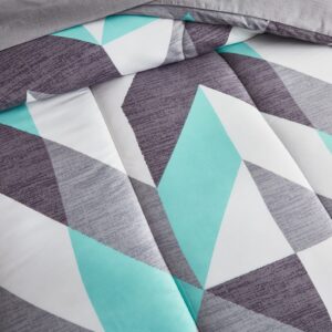 Comforter Sheet Set 7 Pieces Geometry Colorful White Gray Teal Blue Bedding Set (1 Comforter 2 Pillow Shams 1 Flat Sheet 1 Fitted Sheet 2 Pillowcases)