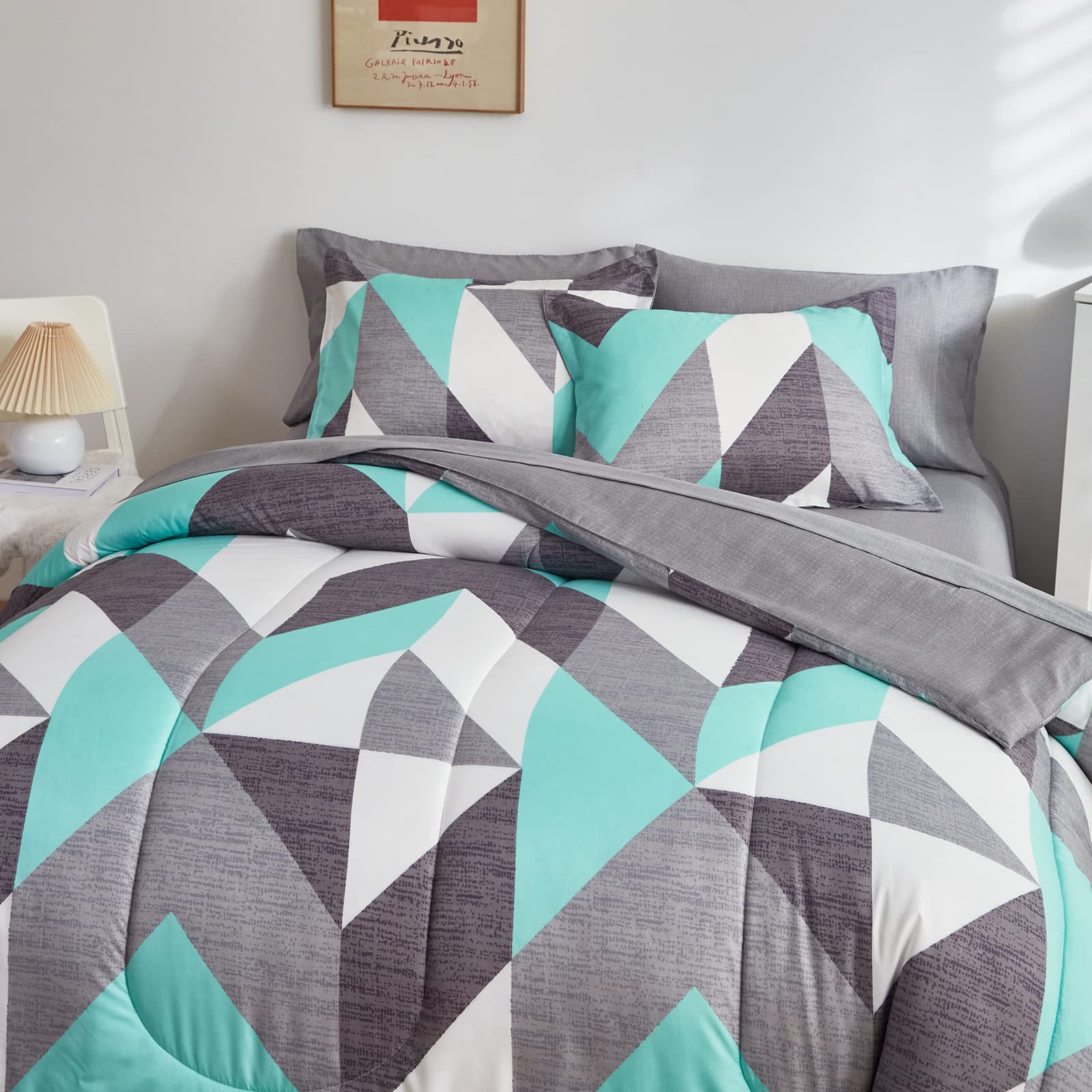 Comforter Sheet Set 7 Pieces Geometry Colorful White Gray Teal Blue Bedding Set (1 Comforter 2 Pillow Shams 1 Flat Sheet 1 Fitted Sheet 2 Pillowcases)