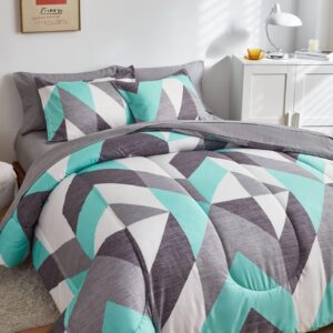 Comforter Sheet Set 7 Pieces Geometry Colorful White Gray Teal Blue Bedding Set (1 Comforter 2 Pillow Shams 1 Flat Sheet 1 Fitted Sheet 2 Pillowcases)