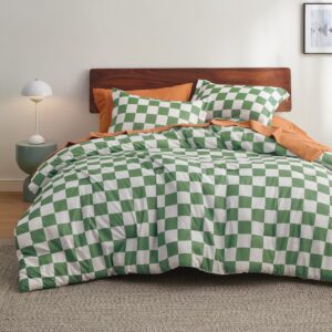 bedsure green checkered comforter set - bedding comforter set queen, green white fluffy grid plaid comforter, 3 pieces, includes 1 comforter (90"x90") and 2 pillow shams (20"x26"+2")