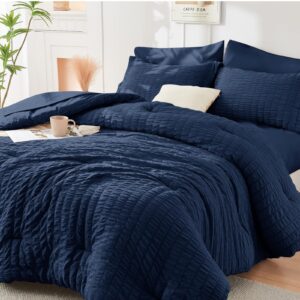 hymokege navy blue full size comforter sets seersucker 7 pieces, all season luxury bed in a bag for bedroom, bedding set with comforters, sheets, pillowcases & shams