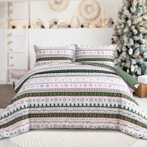 dinjoy christmas comforter set king size, green white snowflake christmas tree printed pattern holiday bedding set 3 pieces, soft microfiber xmas holiday new year gift bed comforter 104" x 90"