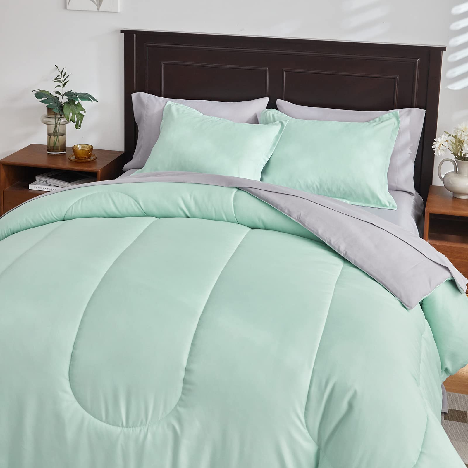 UOZZI BEDDING Green King Comforter Set 7 Pieces Bed in a Bag with Spring Comforter King Size,Gray Sheets, Pillowcases & Shams Reversible Soft All Season Bed Set