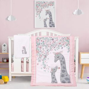 jupeollon crib sets for girls giraffe floral baby nursery crib bedding set for girl toddler 4piece included crib comforter fitted sheet crib skirt blanket pink white