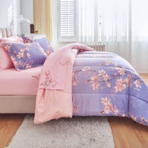 aikasy pink and light purple queen comforter set with sheets,bed in a bag 7-pieces,branches and flowers printing design,ultra soft down alternative all season bedding set(queen,blossom stem)