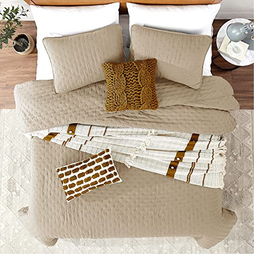 Beige Queen Size Quilt Bedding Sets with Pillow Shams, Lightweight Soft Bedspread Coverlet, Quilted Blanket Thin Comforter Bed Cover, All Season Summer Spring, 3 Pieces, 90x90 inches, Tan Cream