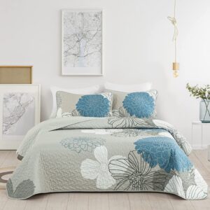 blue floral pattern queen size quilt set - 3 pieces quilt coverlet elegant bohemian bedspread with 2 pillowcases soft lightweight bedding quilt set for adults (blue,90"x90")