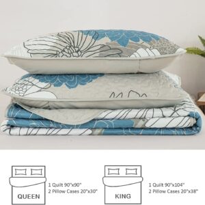 Blue Floral Pattern Queen Size Quilt Set - 3 Pieces Quilt Coverlet Elegant Bohemian Bedspread with 2 Pillowcases Soft Lightweight Bedding Quilt Set for Adults (Blue,90"x90")