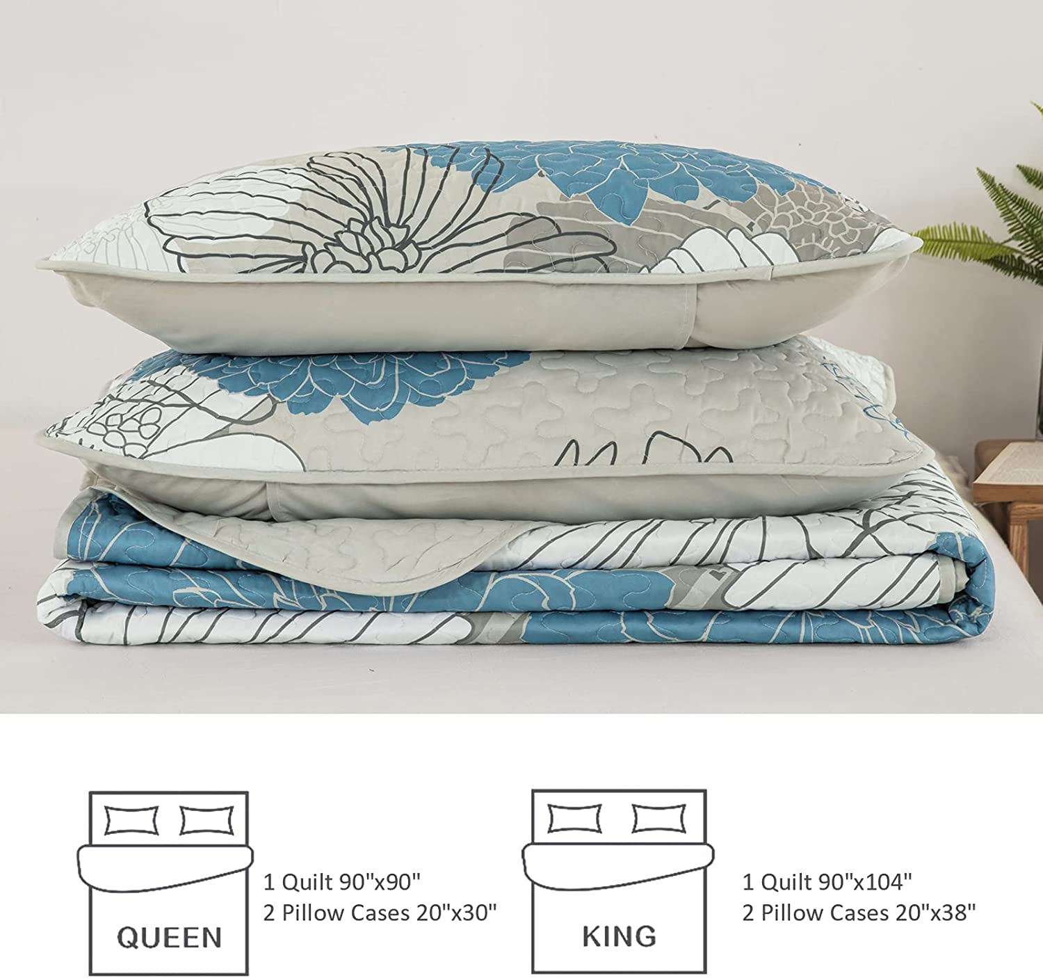 Blue Floral Pattern Queen Size Quilt Set - 3 Pieces Quilt Coverlet Elegant Bohemian Bedspread with 2 Pillowcases Soft Lightweight Bedding Quilt Set for Adults (Blue,90"x90")