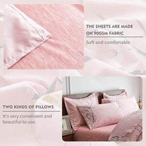 AIKASY Bed in a Bag 7 Pieces Queen Size - Floral Print - Soft Microfiber, Reversible Bed Comforter Set (1 Comforter, 2 Pillow Shams, 1 Flat Sheet, 1 Fitted Sheet, 2 Pillowcases)（Pink）