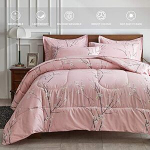 AIKASY Bed in a Bag 7 Pieces Queen Size - Floral Print - Soft Microfiber, Reversible Bed Comforter Set (1 Comforter, 2 Pillow Shams, 1 Flat Sheet, 1 Fitted Sheet, 2 Pillowcases)（Pink）