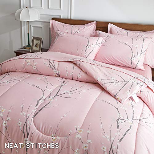 AIKASY Bed in a Bag 7 Pieces Queen Size - Floral Print - Soft Microfiber, Reversible Bed Comforter Set (1 Comforter, 2 Pillow Shams, 1 Flat Sheet, 1 Fitted Sheet, 2 Pillowcases)（Pink）