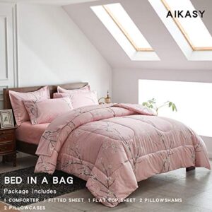 AIKASY Bed in a Bag 7 Pieces Queen Size - Floral Print - Soft Microfiber, Reversible Bed Comforter Set (1 Comforter, 2 Pillow Shams, 1 Flat Sheet, 1 Fitted Sheet, 2 Pillowcases)（Pink）