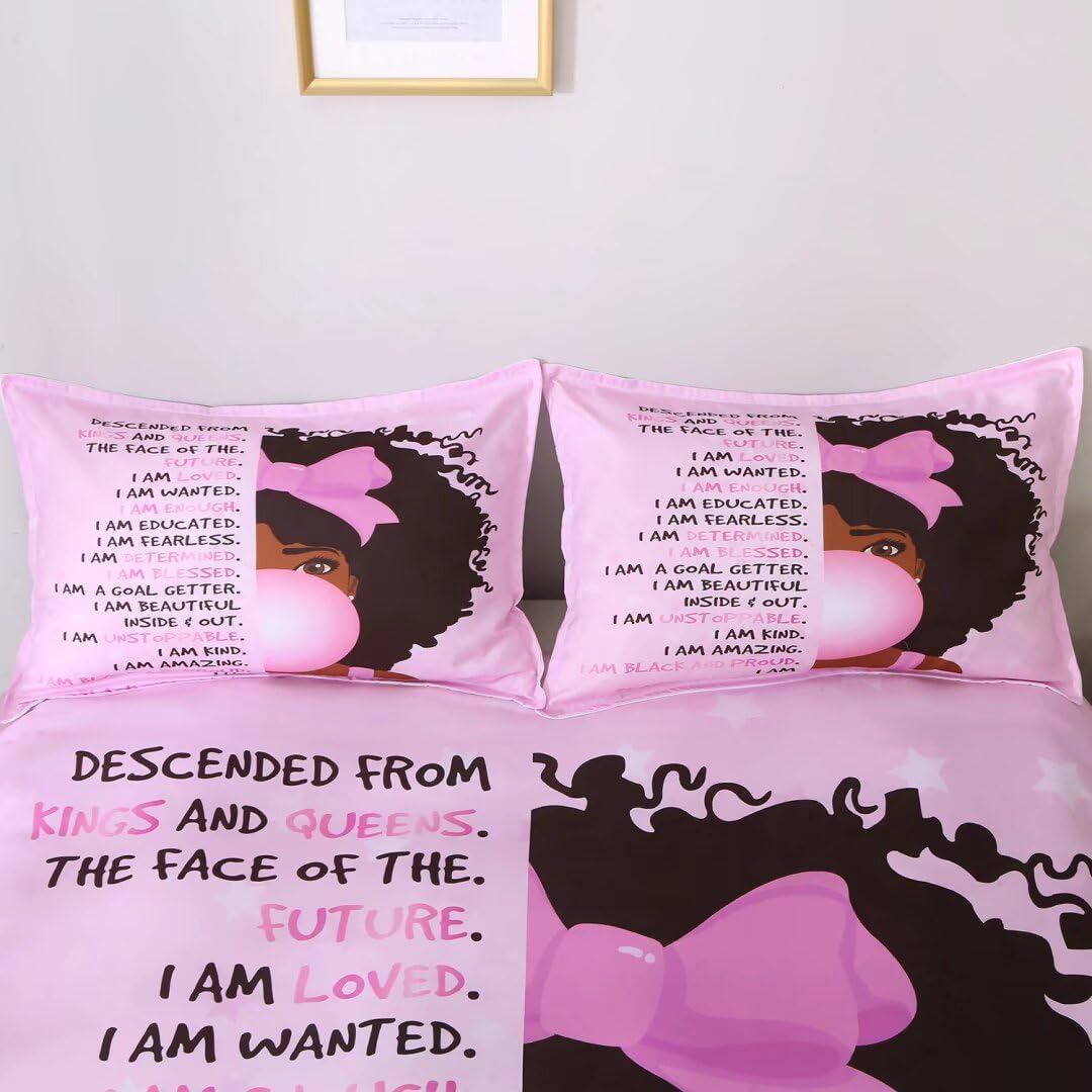 African American Black Girl Duvet Cover Set,Black Girl Magic Bedding Set Queen Size,Cute Little Afro Black Princess Bed Comforter Cover Sets,Girl Bedroom Room Decor(1 Duve Cover +2 Pillowcase）