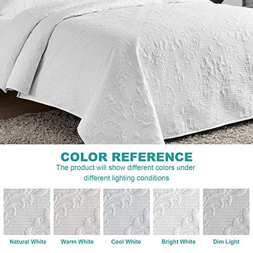 Hansleep White Quilt Queen Size - Damask Summer Bedspreads Queen, Soft Lightweight Coverlet Bedding Set, 3 Piece (1 Quilt, 2 Pillow Shams)