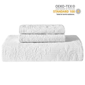 Hansleep White Quilt Queen Size - Damask Summer Bedspreads Queen, Soft Lightweight Coverlet Bedding Set, 3 Piece (1 Quilt, 2 Pillow Shams)