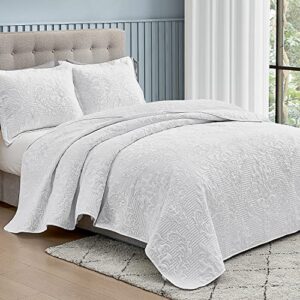 Hansleep White Quilt Queen Size - Damask Summer Bedspreads Queen, Soft Lightweight Coverlet Bedding Set, 3 Piece (1 Quilt, 2 Pillow Shams)