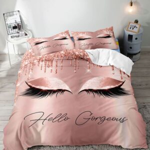 vivihome 3pcs hello gorgeous duvet cover queen set, luxury rose gold glitter bling eyelash makeup glam girly fashion bedding set, comforter cover, pink bedroom decor for women teen girl, 2 pillowcases