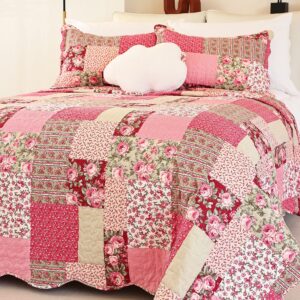 cmfshape summer floral queen quilted bedspread,romantic pink quilt set full,reversible stitched bedding set all season,soft lightweight coverlet with pillow cases (hot pink&rose, queen90 x90)