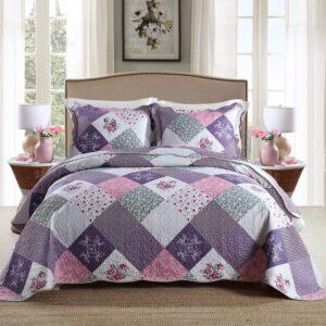 honeilife quilt set queen size - 3 piece microfiber reversible bedspreads patchwork coverlets floral bedding set all season quilts with geometric and little rose print pattern