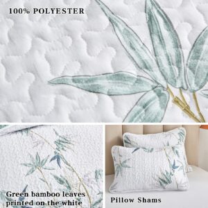 Botanical Quilt Set 3 Pieces Full/Queen Size, Green Leaves Printed on White Reversible Bedspread Coverlet Set, Soft Microfiber Lightweight Bed Cover for All Season (90" x 90", 1 Quilt+ 2 Pillow Shams)