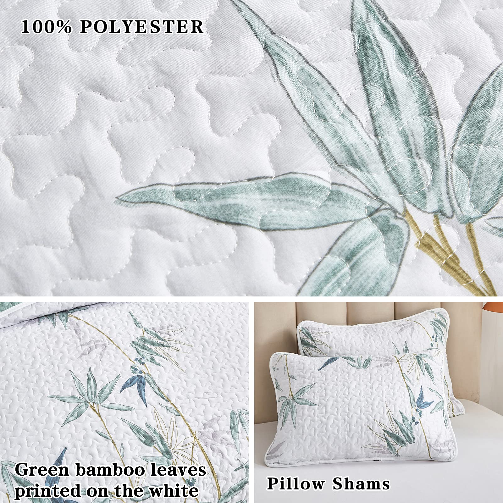 Botanical Quilt Set 3 Pieces Full/Queen Size, Green Leaves Printed on White Reversible Bedspread Coverlet Set, Soft Microfiber Lightweight Bed Cover for All Season (90" x 90", 1 Quilt+ 2 Pillow Shams)