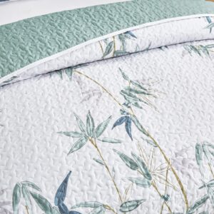 Botanical Quilt Set 3 Pieces Full/Queen Size, Green Leaves Printed on White Reversible Bedspread Coverlet Set, Soft Microfiber Lightweight Bed Cover for All Season (90" x 90", 1 Quilt+ 2 Pillow Shams)