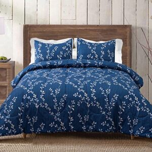 exclusivo mezcla 3-piece queen comforter set, microfiber bedding down alternative comforter for all seasons with 2 pillow shams, floral pattern, navy