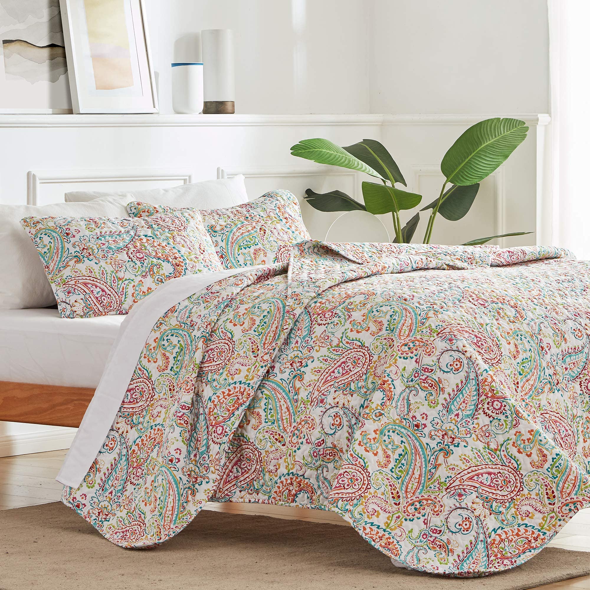 SLEEP ZONE 3-Piece Printed Quilt Set - Full/Queen Size - Lightweight Reversible Bedding Coverlet Set for All Season (Classic Paisley Pattern), Full/Queen (90x96 inch | 2 Pillow Shams)