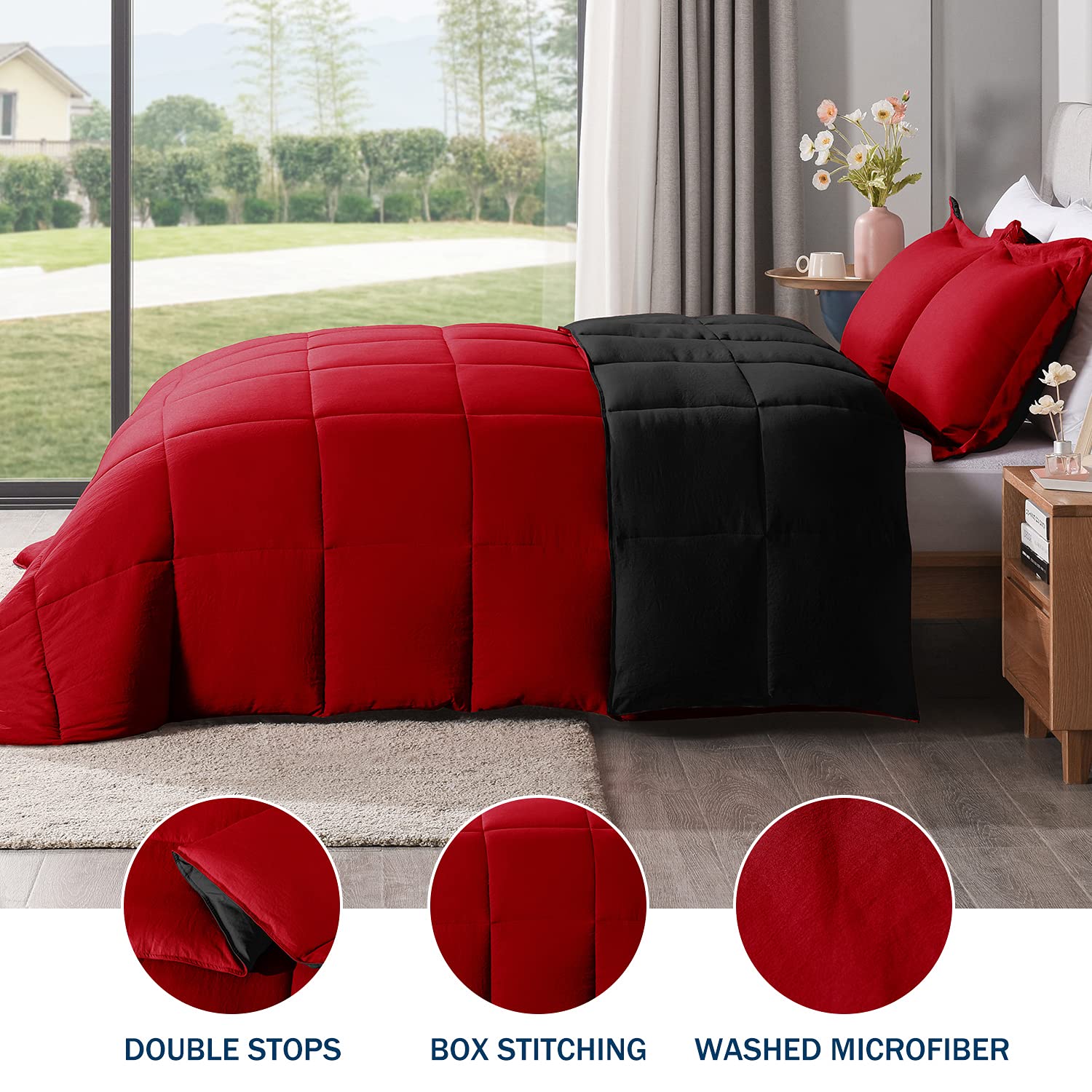 LOVTEX 3PCS Black and Red Comforter Set Queen - Ultra Soft Washed Microfiber Comforter Queen Set - Reversible Down Alternative Red Comforter Queen with 2 Pillow Shams(Red/Black)