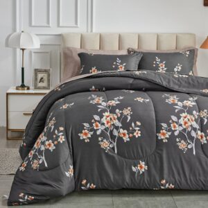 7 pieces bed in a bag queen comforter set with sheets, dark grey floral design soft microfiber bedding sets for all season (1 comforter, 2 pillow shams, 1 flat sheet, 1 fitted sheet, 2 pillowcases)